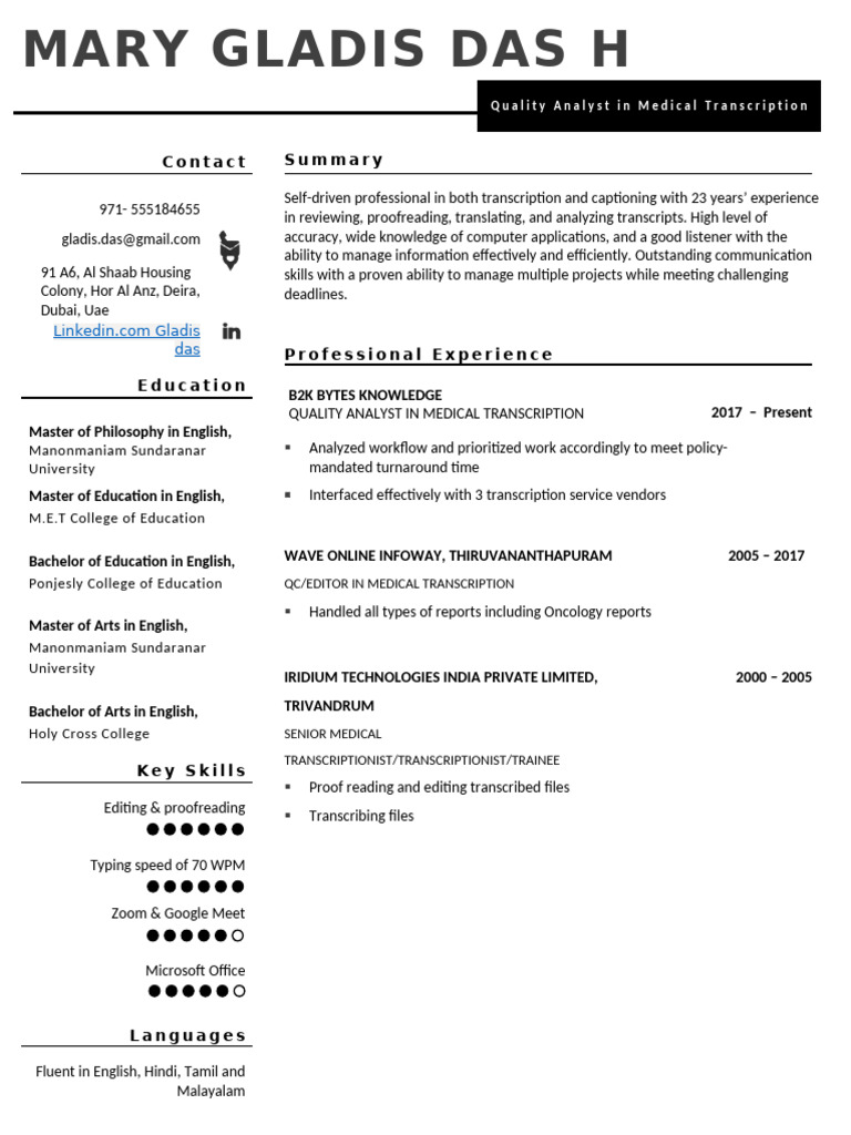 Medical Transcription Quality Analyst Resume | PDF | Writing | Human ...