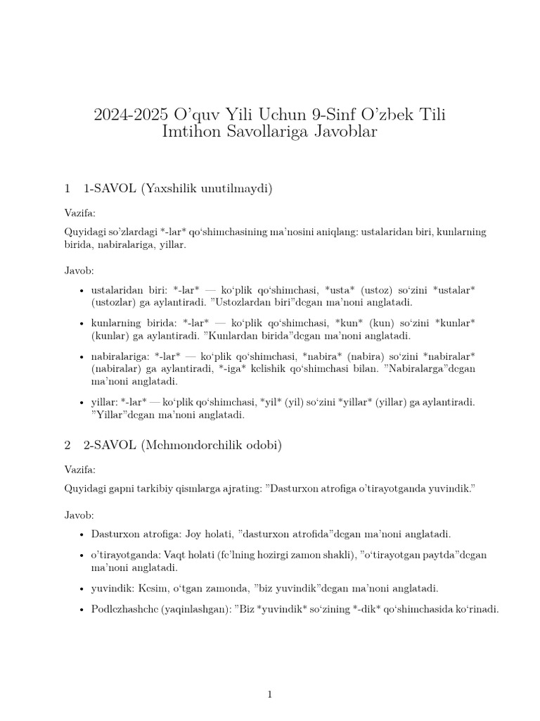 Uzbek Tili Javoblar | PDF