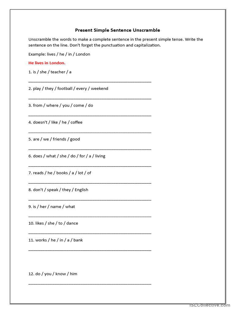 Present Simple Sentence Unscramble | PDF | Linguistic Morphology | Linguistics