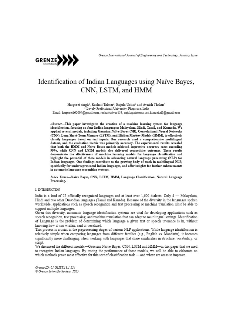 Identification of Indian Languages Using Naïve Bayes, CNN, LSTM, and ...