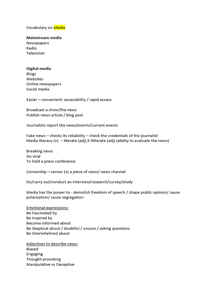 Vocabulary On Media and Communication | PDF