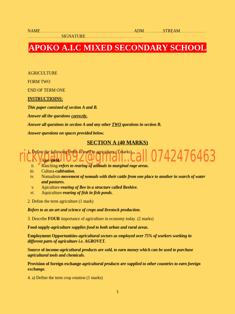 Agriculture Form Two Exam Marking Scheme | PDF | Agriculture | Seed