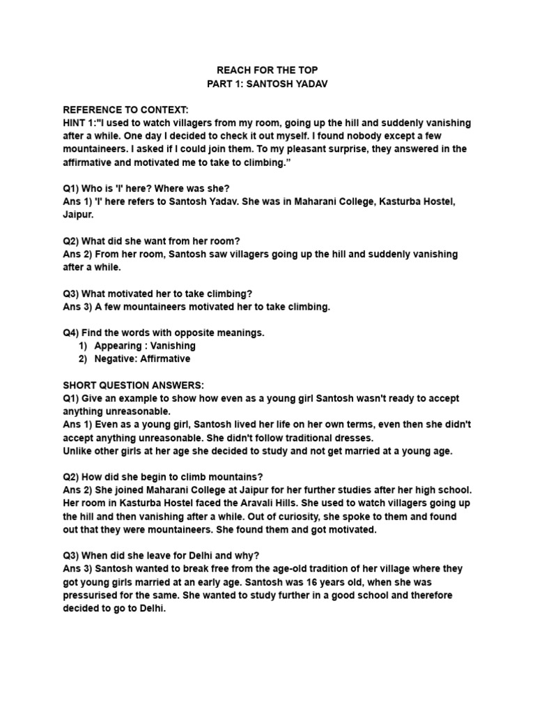 Reach For The Top (Part 1 - Santosh Yadav) | PDF