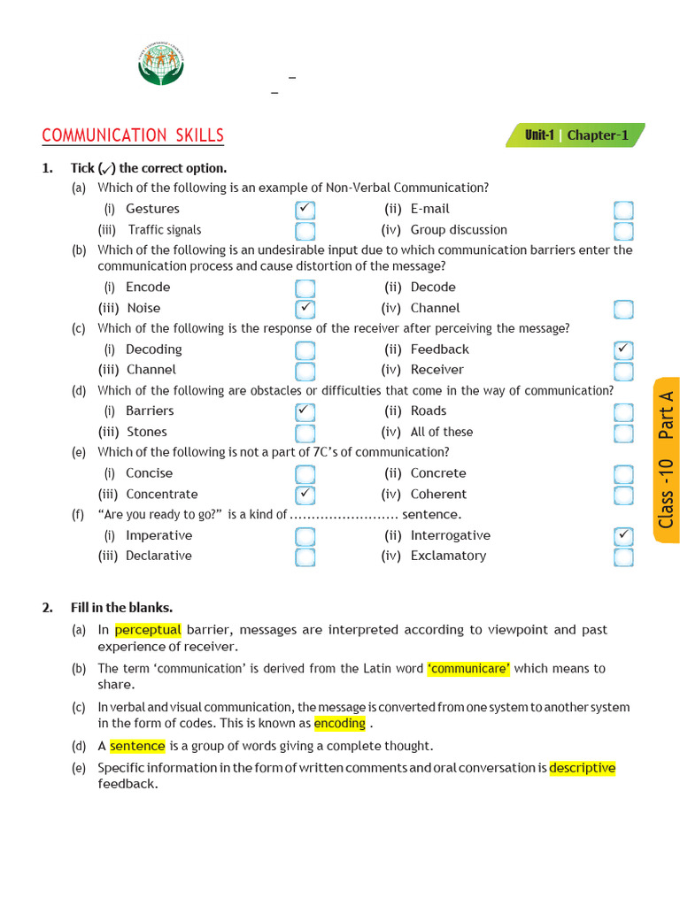 X Part A Ch 1 Assignment Solution Pdf Communication Grammar 0500