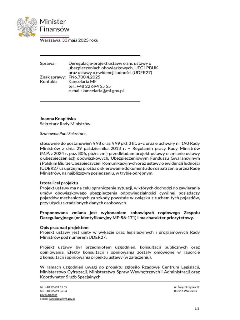 MF - Pismo Przekazujace Projekt Ustawy Na RM (7859108) | PDF