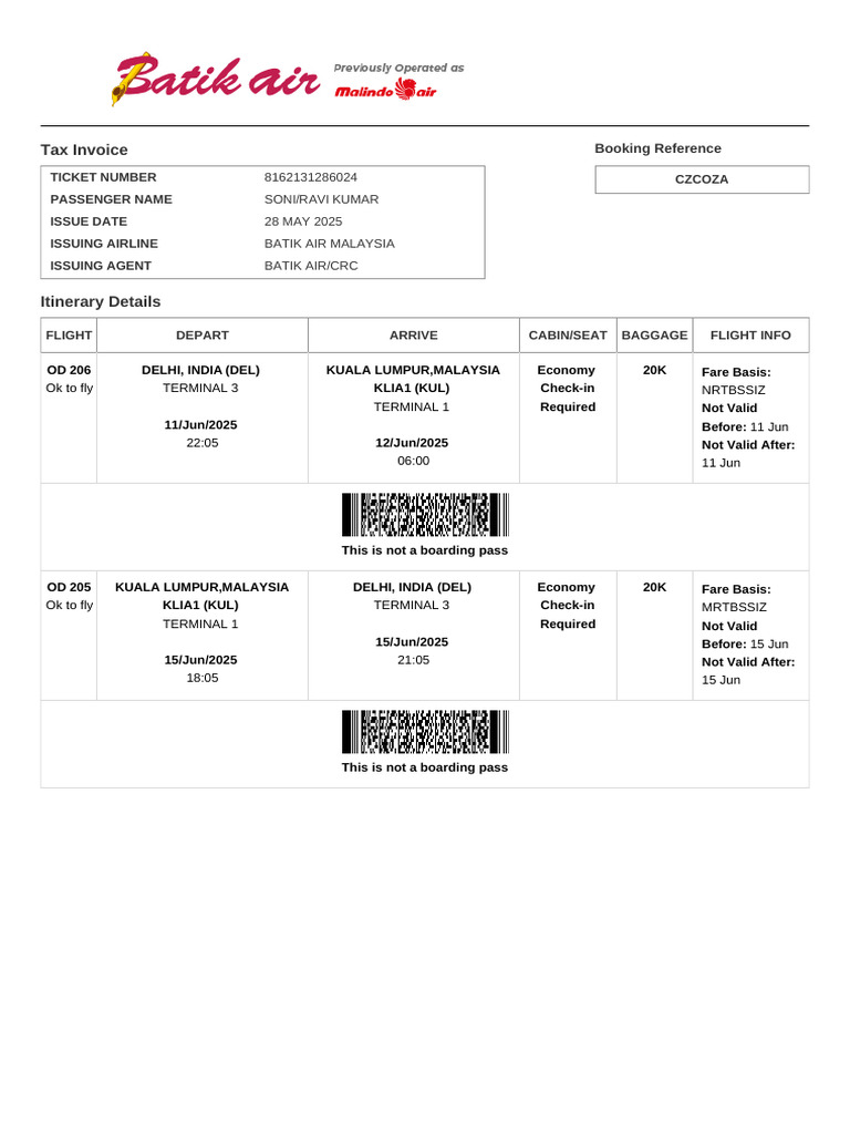 Batik Air Invoice for Flight OD 206 | PDF