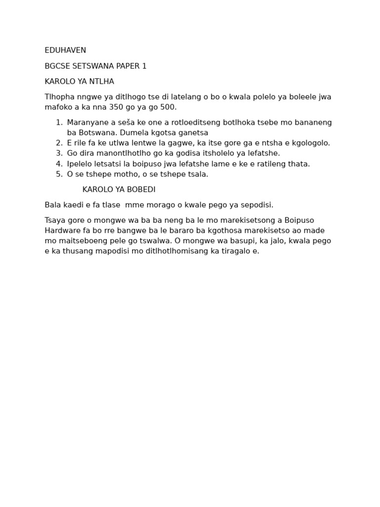 Bgcse Setswana Paper 1 | PDF