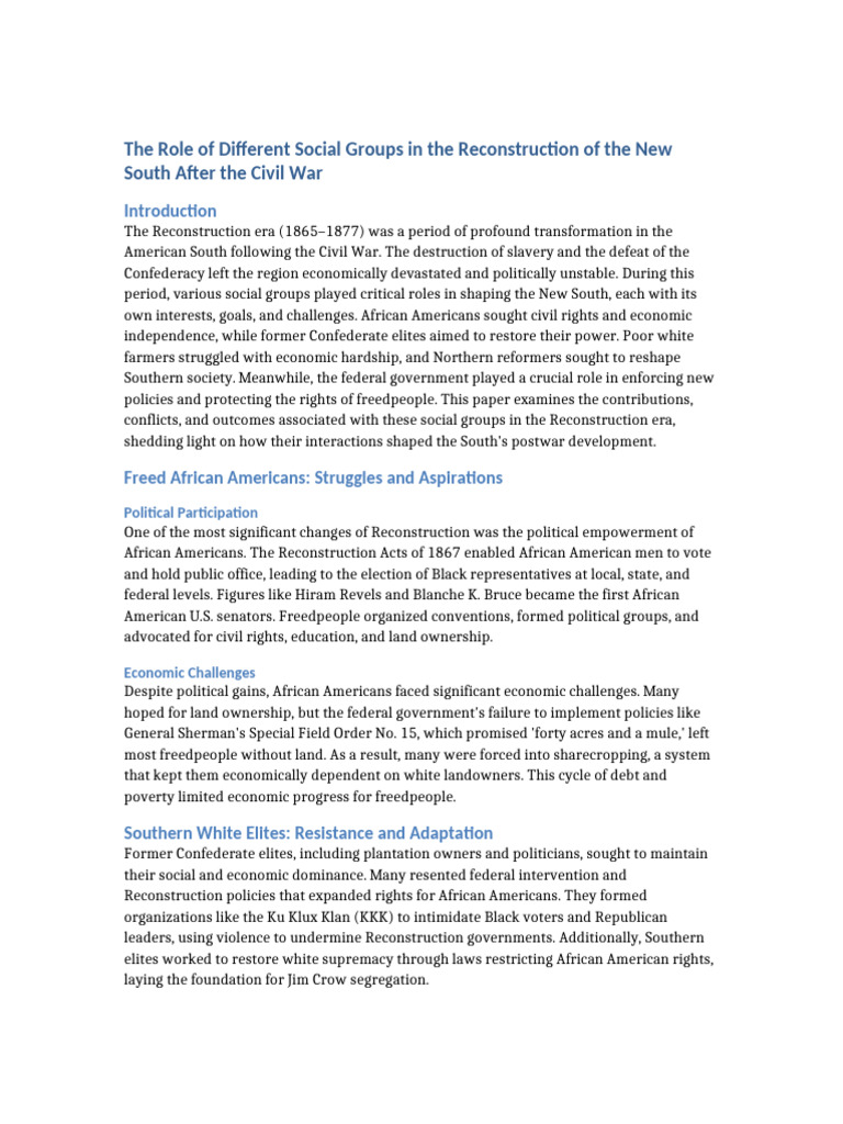 Social Groups in New South Reconstruction | PDF | Reconstruction Era ...