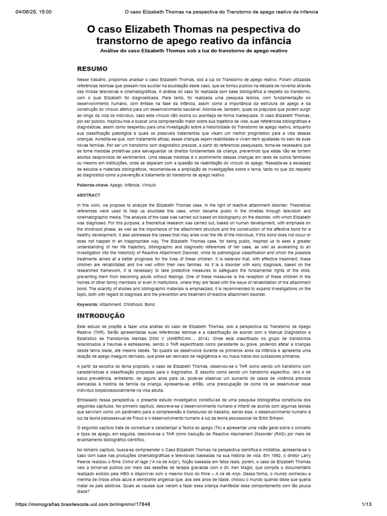 Análise do Caso Elizabeth Thomas e TAR | PDF | Teoria do Apego ...