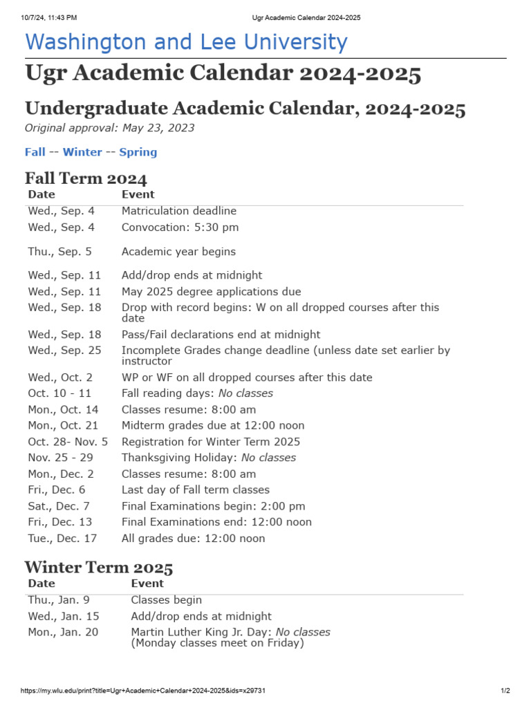 W&L Academic Calendar 2024-2025 | PDF | Academia | Higher Education