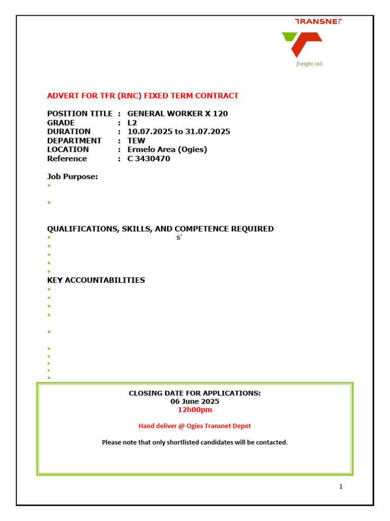 General Worker Advert - Ermelo Area (Ogies) - C3430470 | PDF