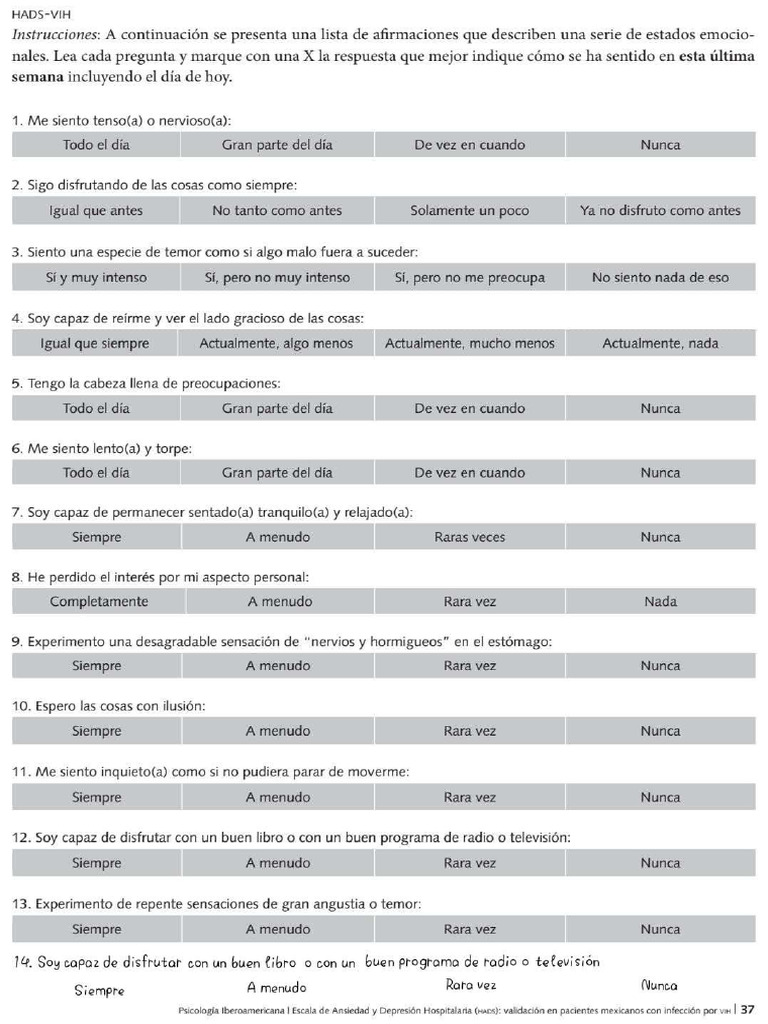 USUARIOS Escala de Ansiedad y Depresión Hospitalaria (HADS) | PDF