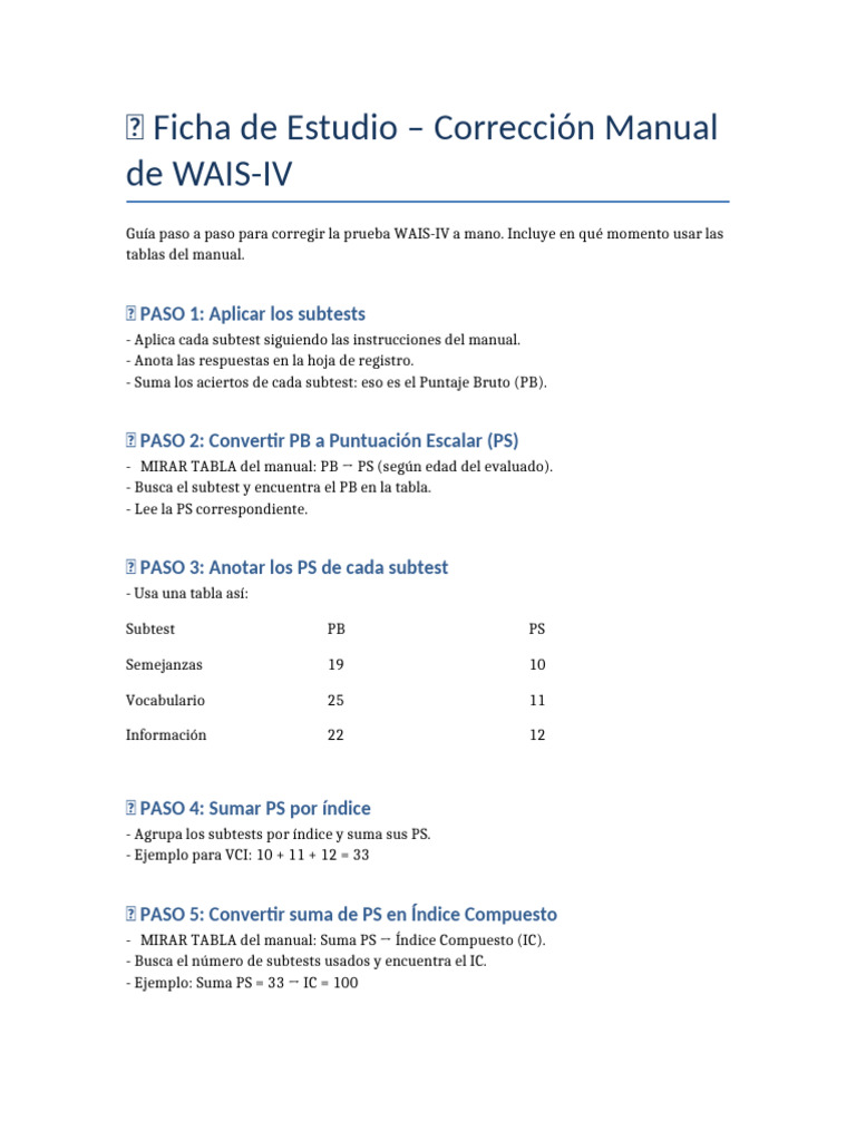 Corrección Manual WAIS-IV: Guía Paso a Paso | PDF | Escala de ...