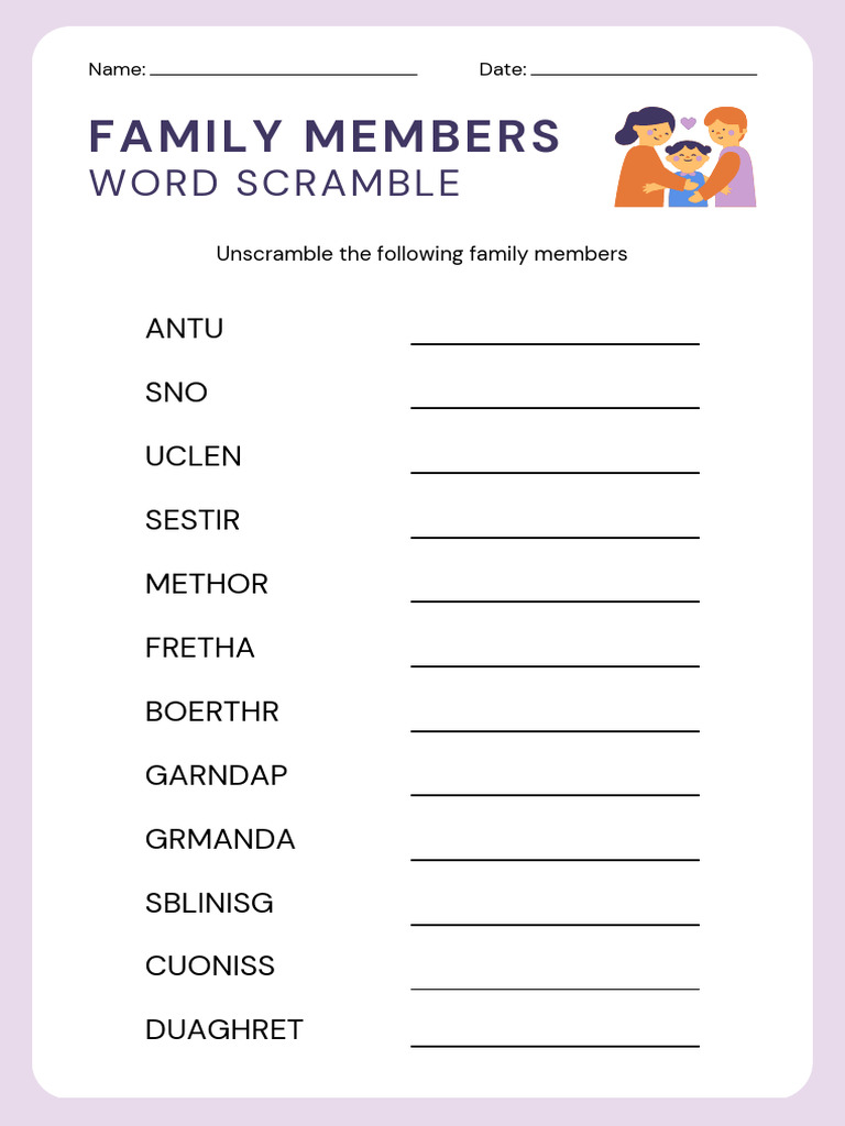 Family Members Word Scramble Worksheet in Colorful Simple Style | PDF