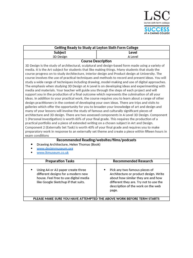 Getting Ready To Study A Level 3D Design | PDF | Education Theory | Intelligence