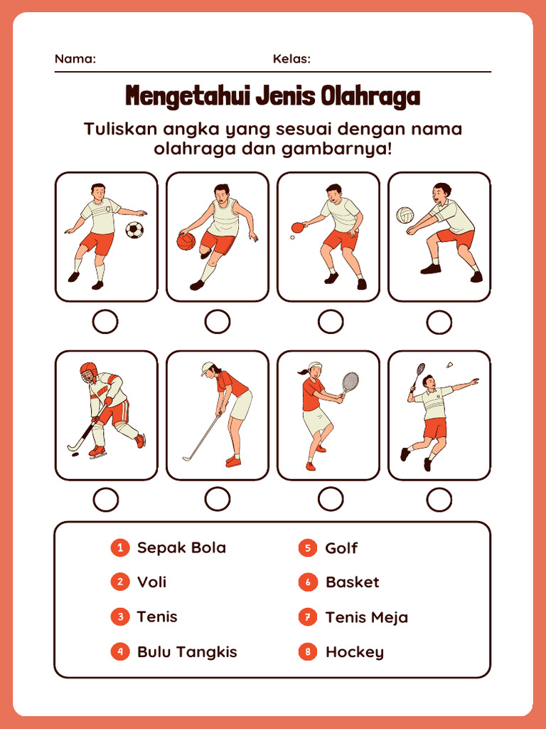 Oranye Ilustrasi Lembar Kerja Mengetahui Jenis Olahraga | PDF