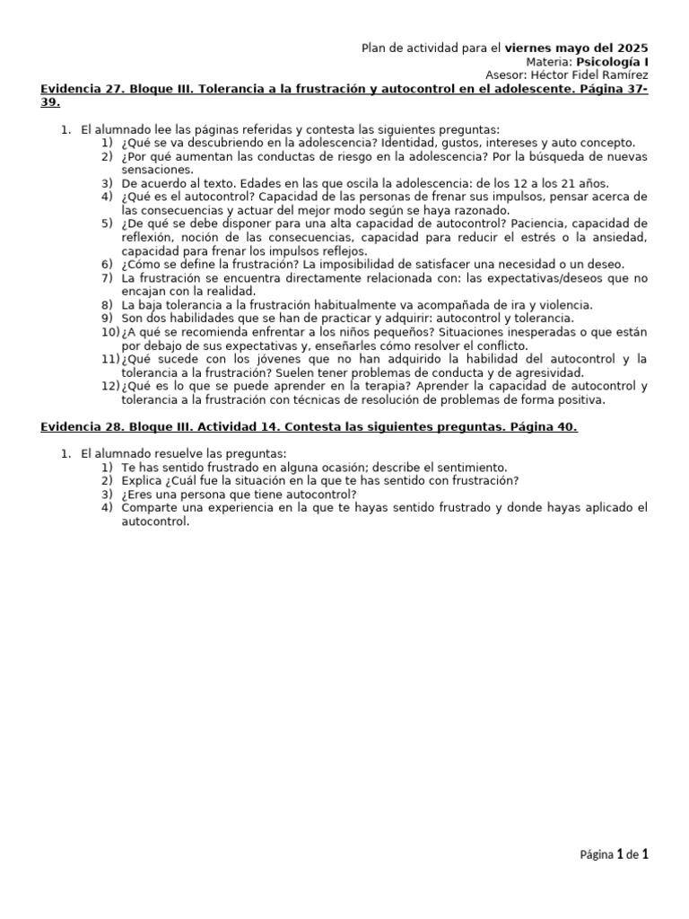Psicología I, Evidencia 27 y 28 FIN | PDF | Adolescencia | Tolerancia