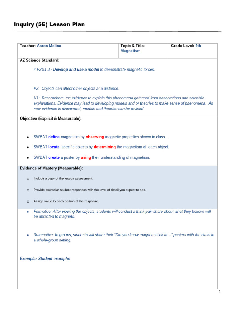 4th Grade Magnetism Lesson Plan | PDF | Magnetism | Force