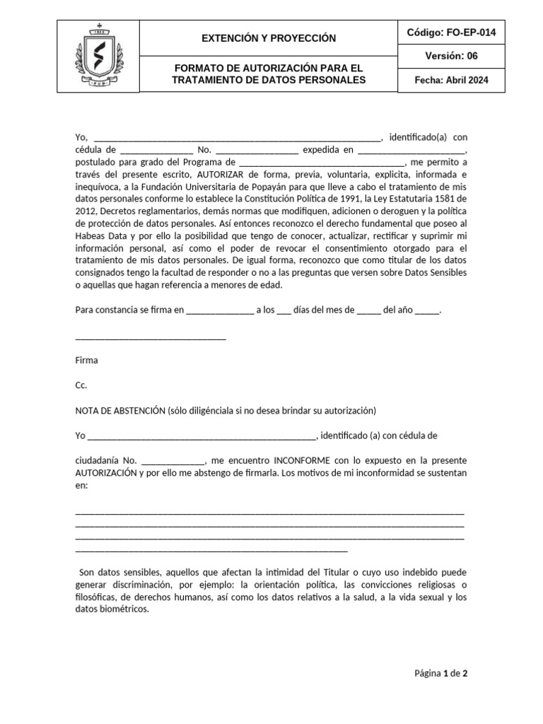 FO-EP-014 Formato de Autorización para El Tratamiento de Datos Personales V6.0 | PDF | Derechos ...