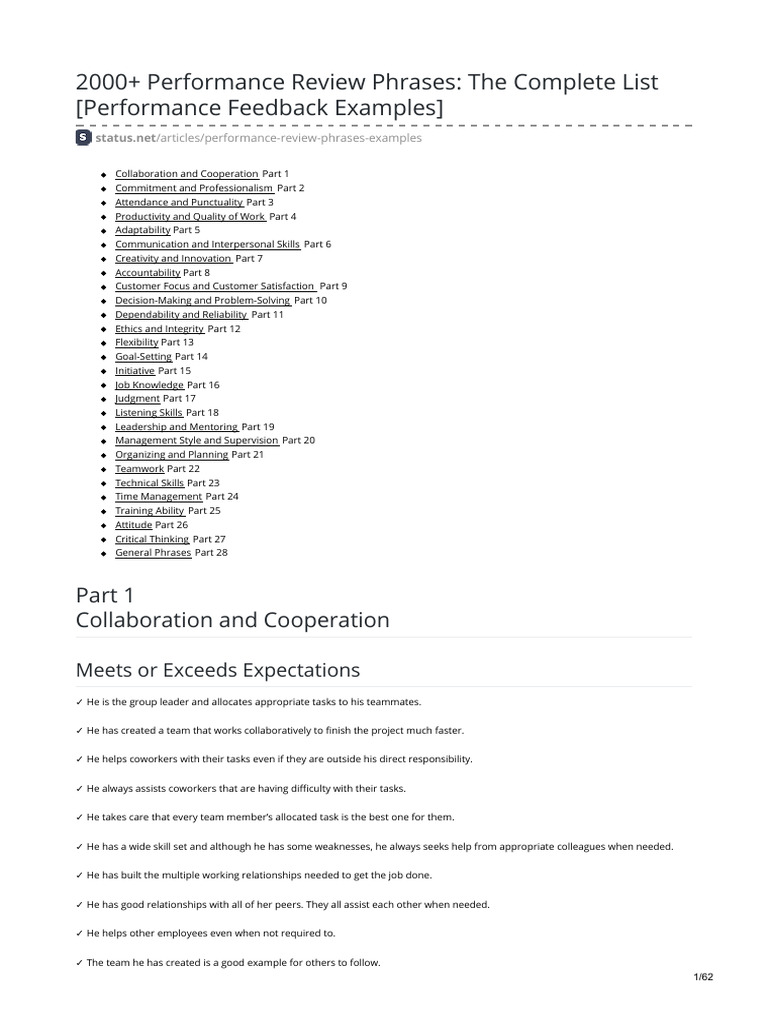 2000 Performance Review Phrases The Complete List Performance Feedback ...