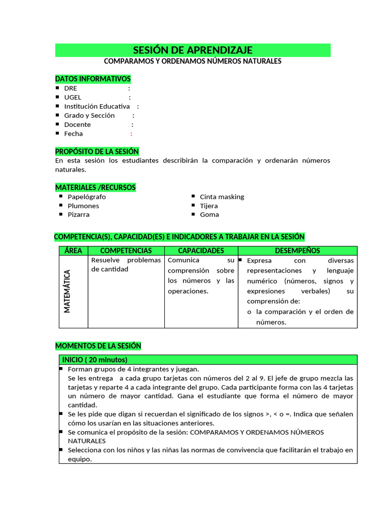 Sesion Matematica Comparamos y Ordenamos Números Naturales | PDF | Aprendizaje | Cognición