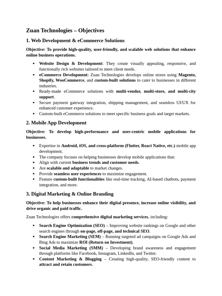Zuan Technologies Objectives | PDF | Digital Marketing | Web Development