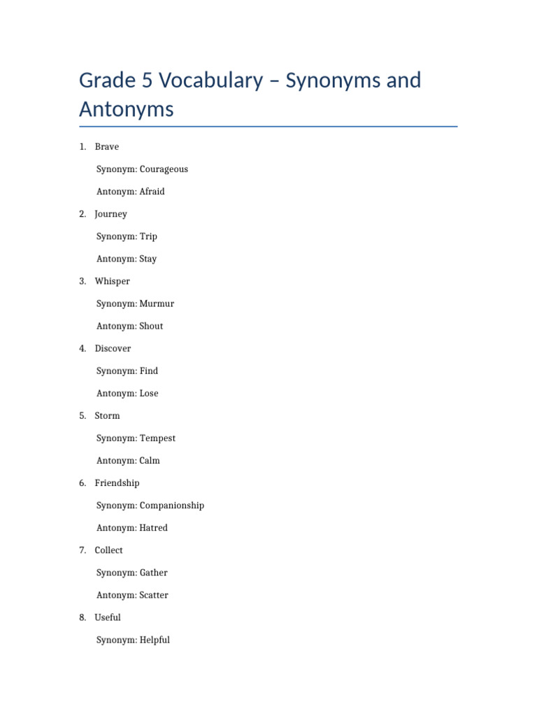 Grade 5 Synonyms and Antonyms List | PDF