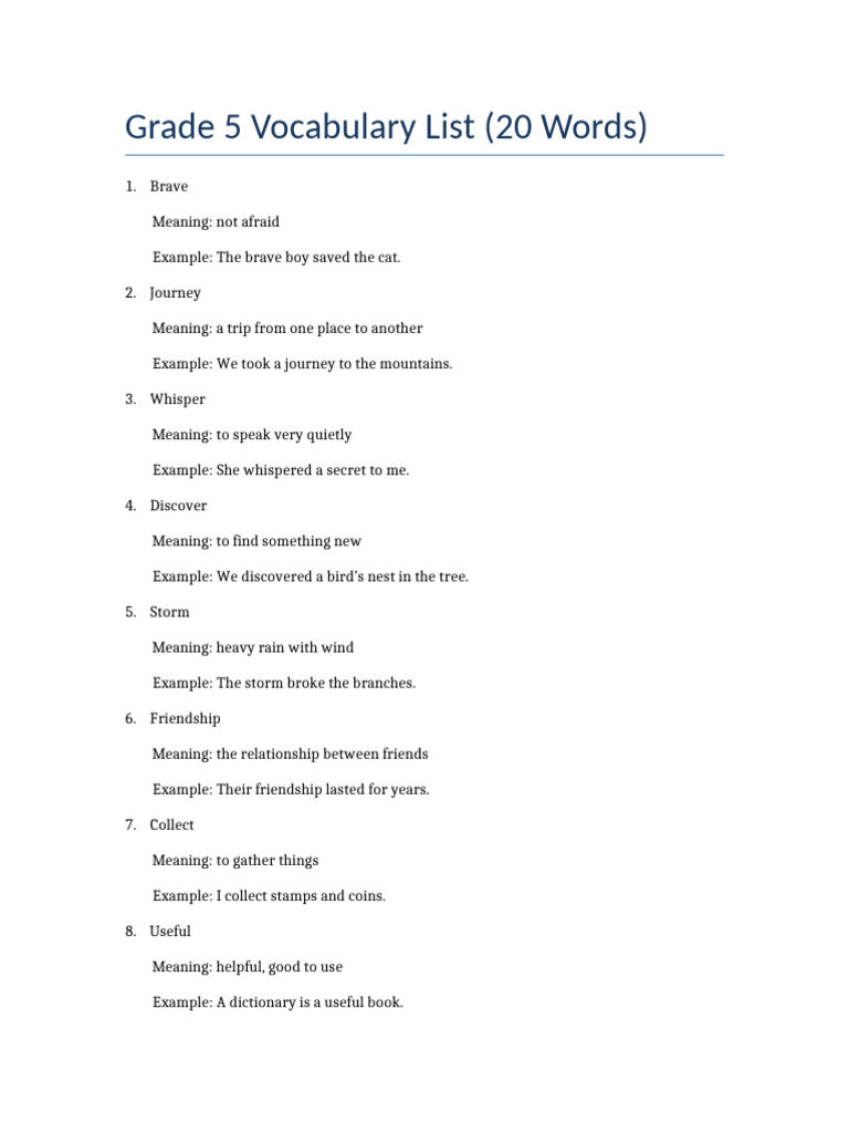 Grade 5 Vocabulary List | PDF