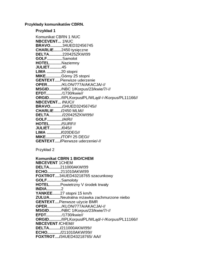 Przykłady Komunikatów CBRN | PDF