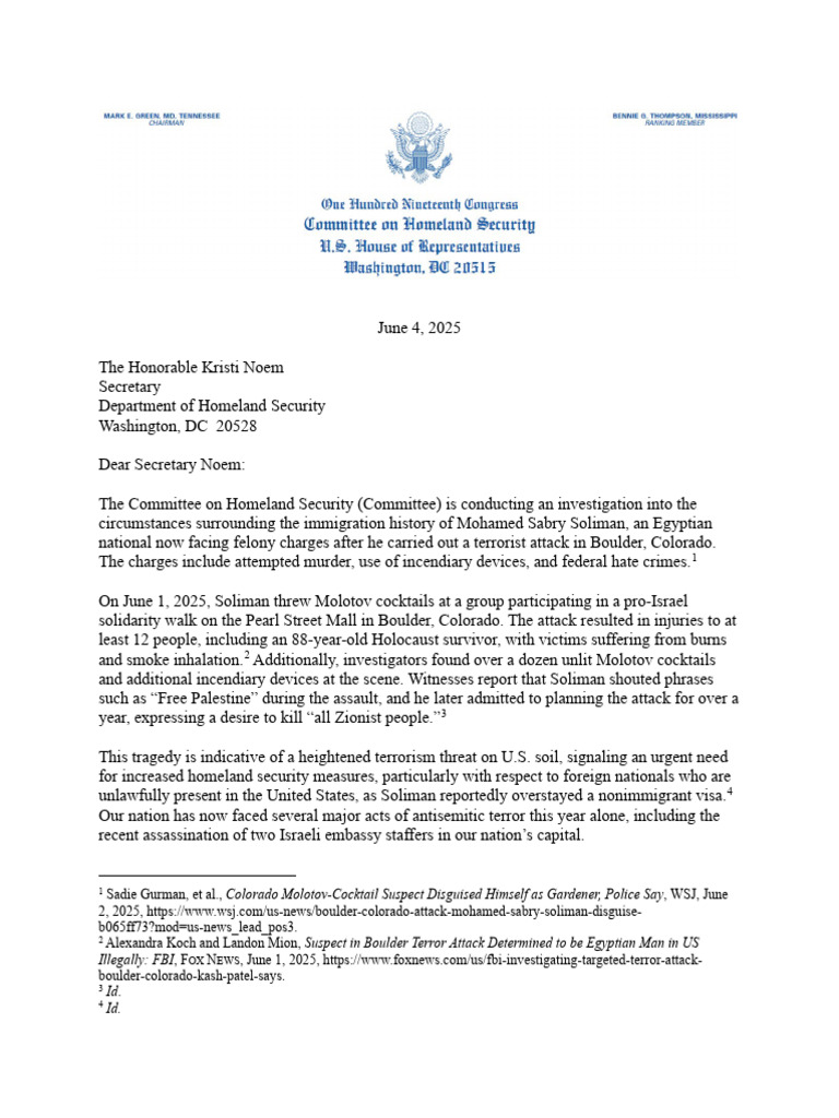 Reps. Green, Pfluger Letter To Noem Re Colorado Suspect | PDF | Crimes ...