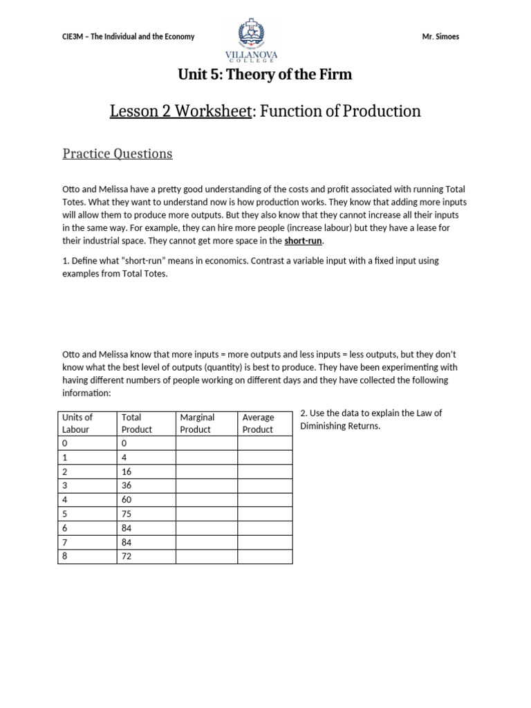 U5 L2 Worksheet - The Production Function | PDF | Long Run And Short Run | Labour Economics