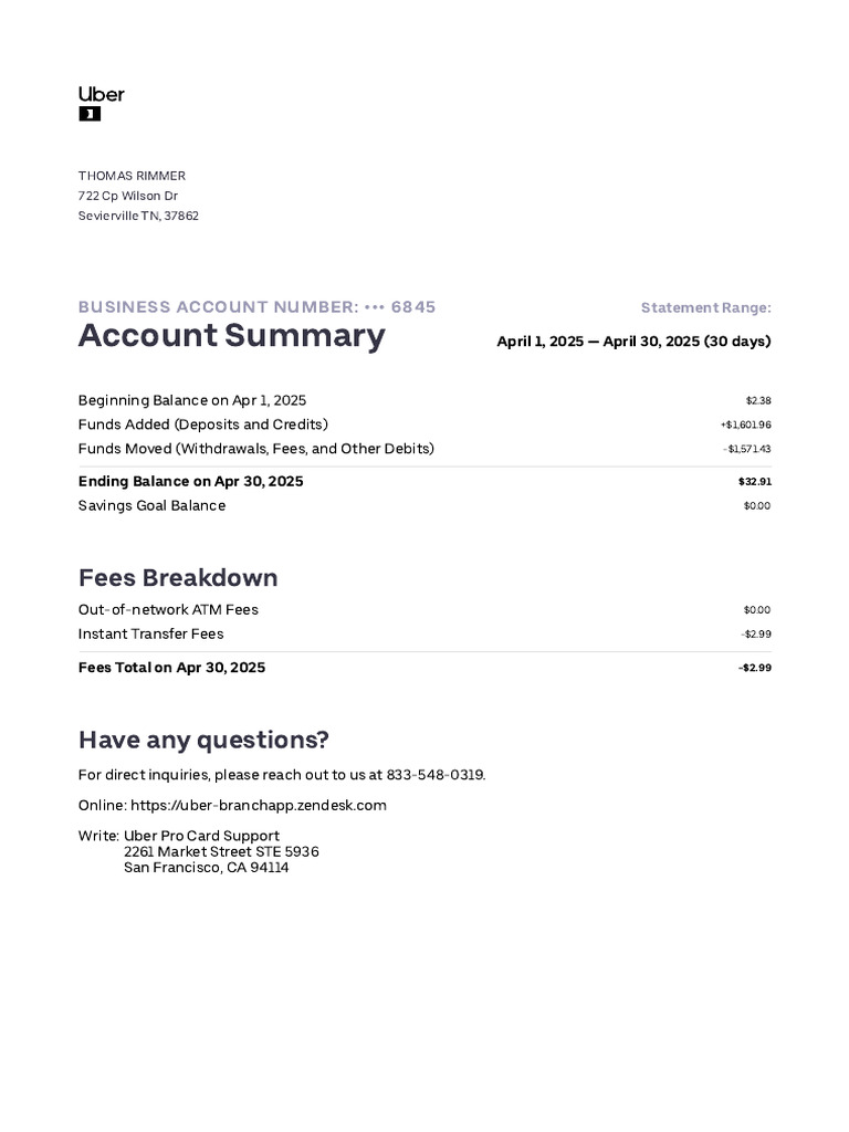 Uber Pro Card Statement Summary | PDF | Credit Card | Debits And Credits