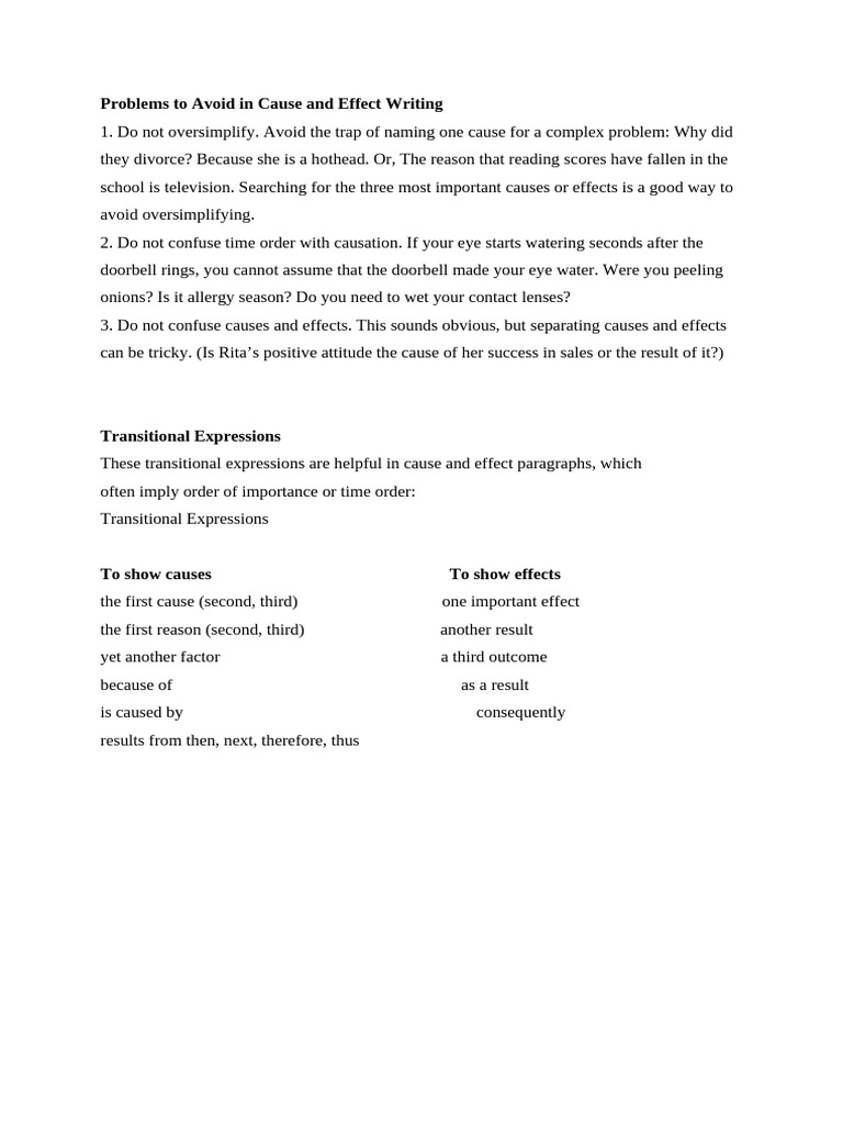 Problems To Avoid in Cause and Effect Writing+Transitional Expressions | PDF