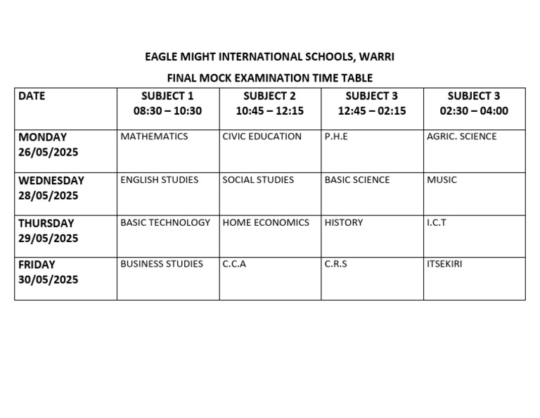 Grade 9 Mock Exam Timetable 2025 | PDF