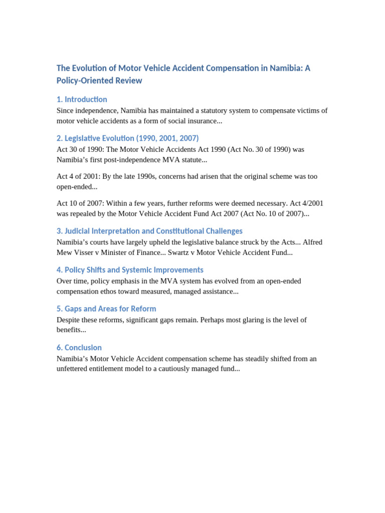 Namibia Motor Vehicle Accident Compensation | PDF
