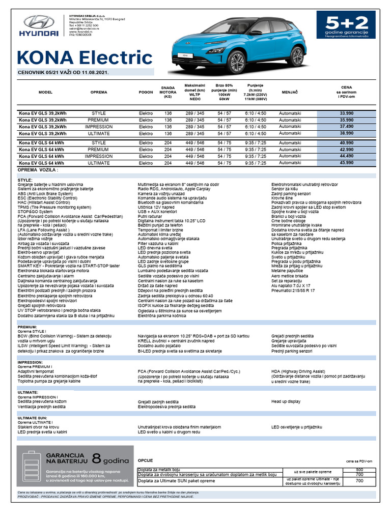 Cenovnik Kona Electric | PDF