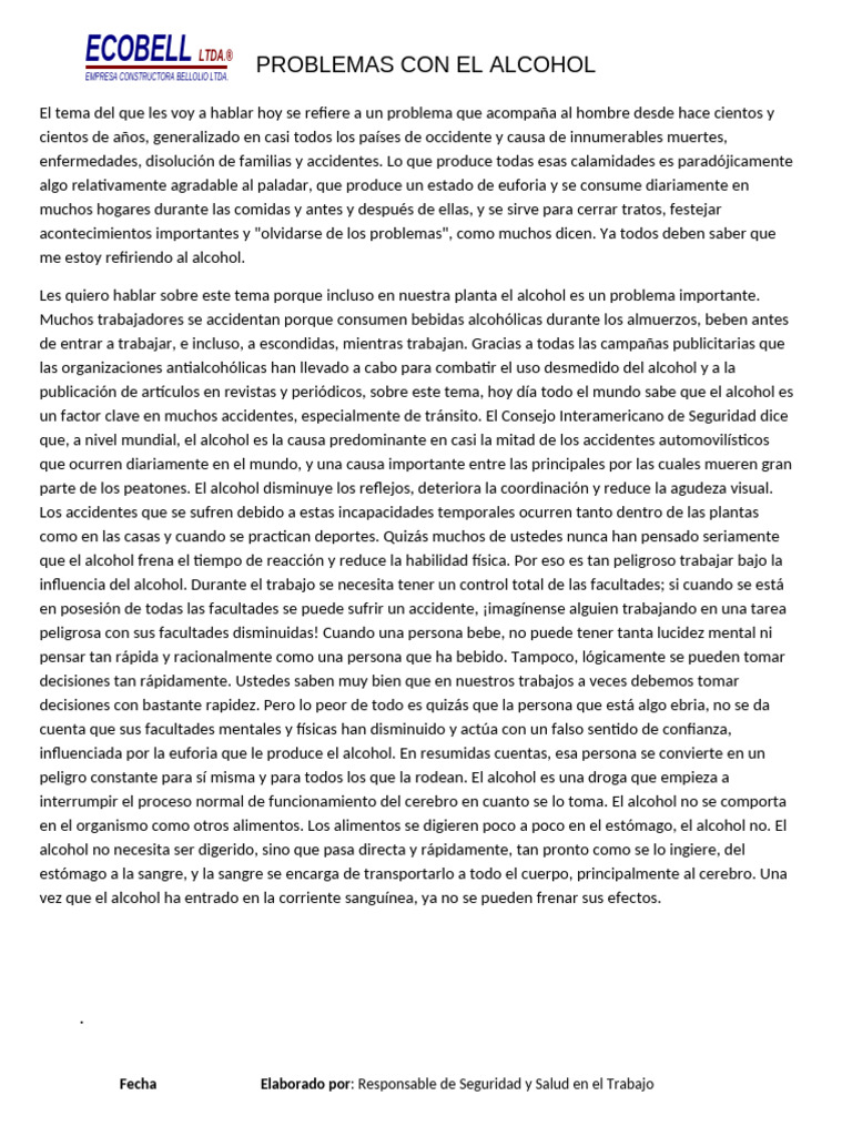 Problemas del Alcohol en Ecobell LTDA | PDF