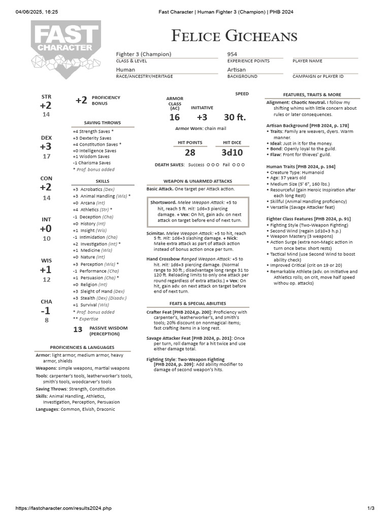 Fast Character _ Human Fighter 3 (Champion) _ PHB 2024 | PDF | Dungeons ...