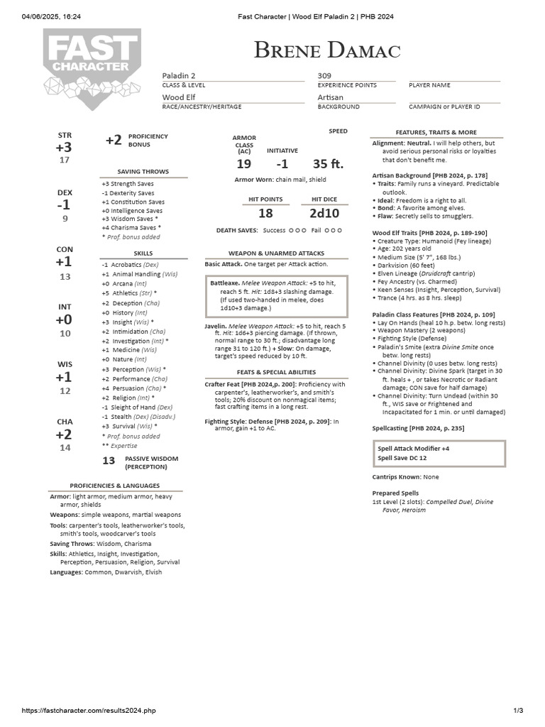 Fast Character _ Wood Elf Paladin 2 _ PHB 2024 | PDF | Dungeons ...