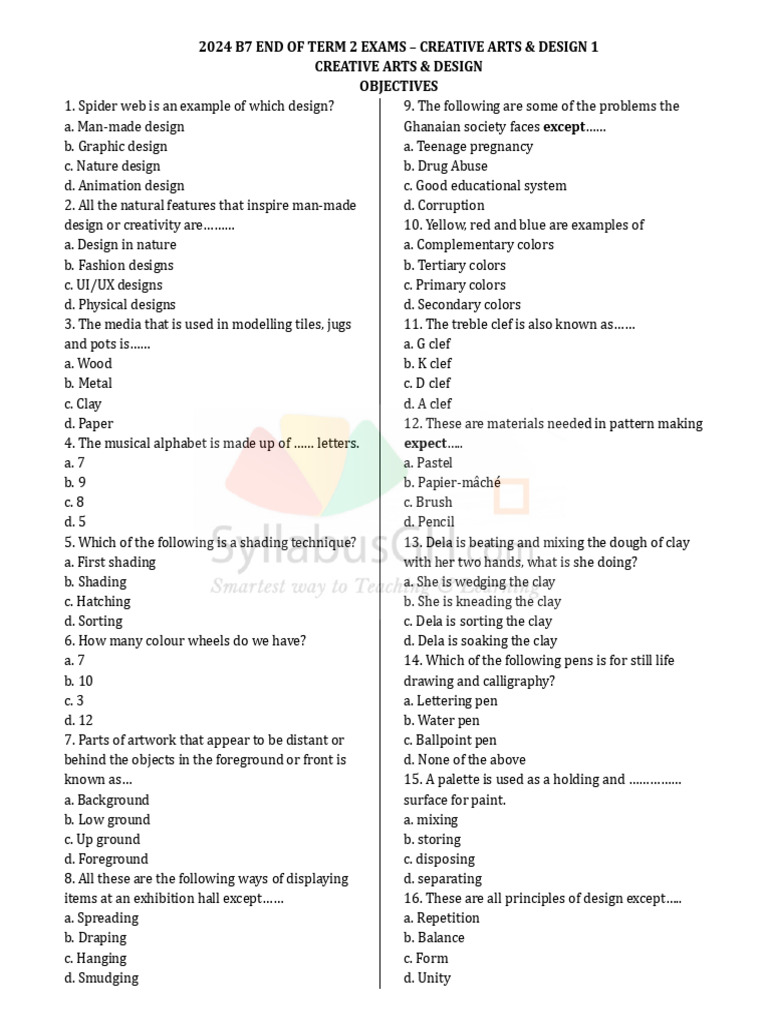 2024 B7 End of Term 2 Exams - Creative Arts & Design 1 | PDF