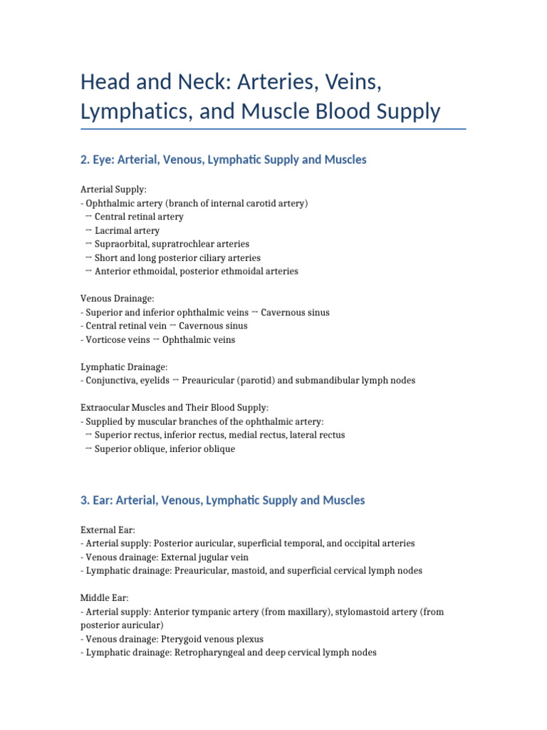 Head and Neck Arteries Veins Lymph Muscles Eye Ear | PDF
