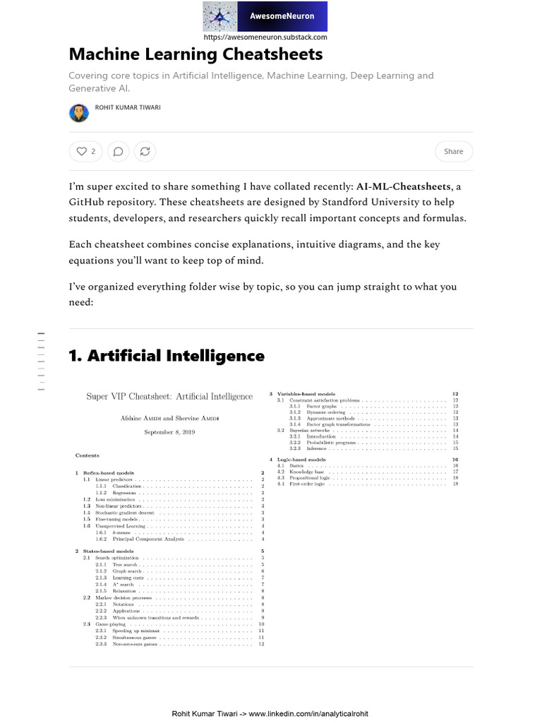 Complete Machine Learning Cheatsheets | PDF