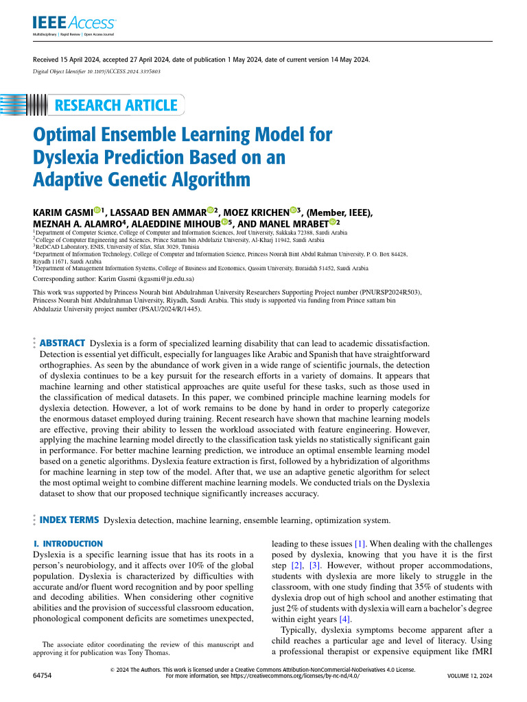 Optimal Ensemble Learning Model For Dyslexia Prediction Based On An Adaptive Genetic Algorithm ...