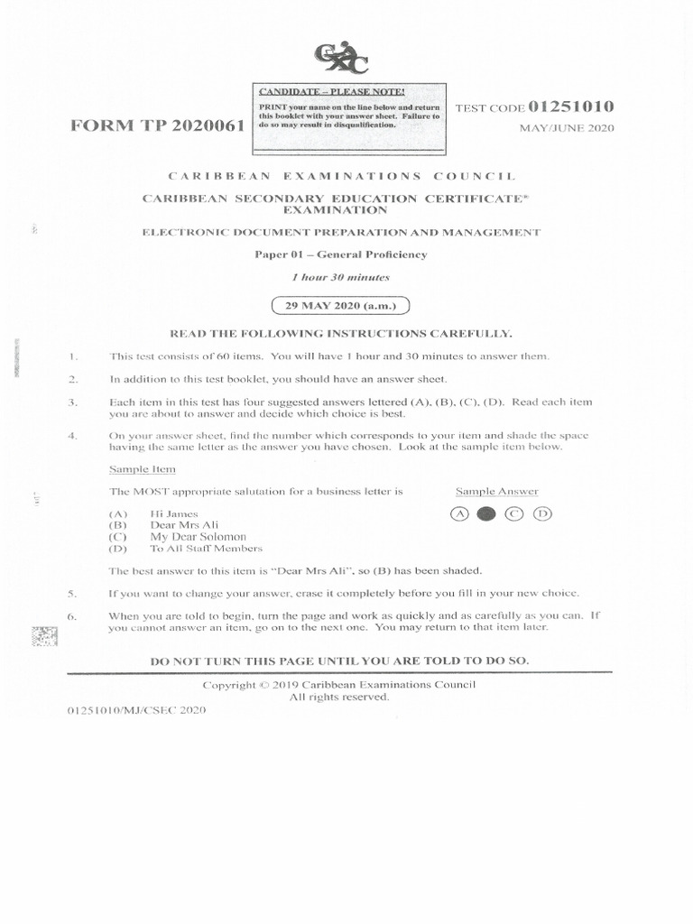 Csec Edpm P1 2020 MJ | PDF