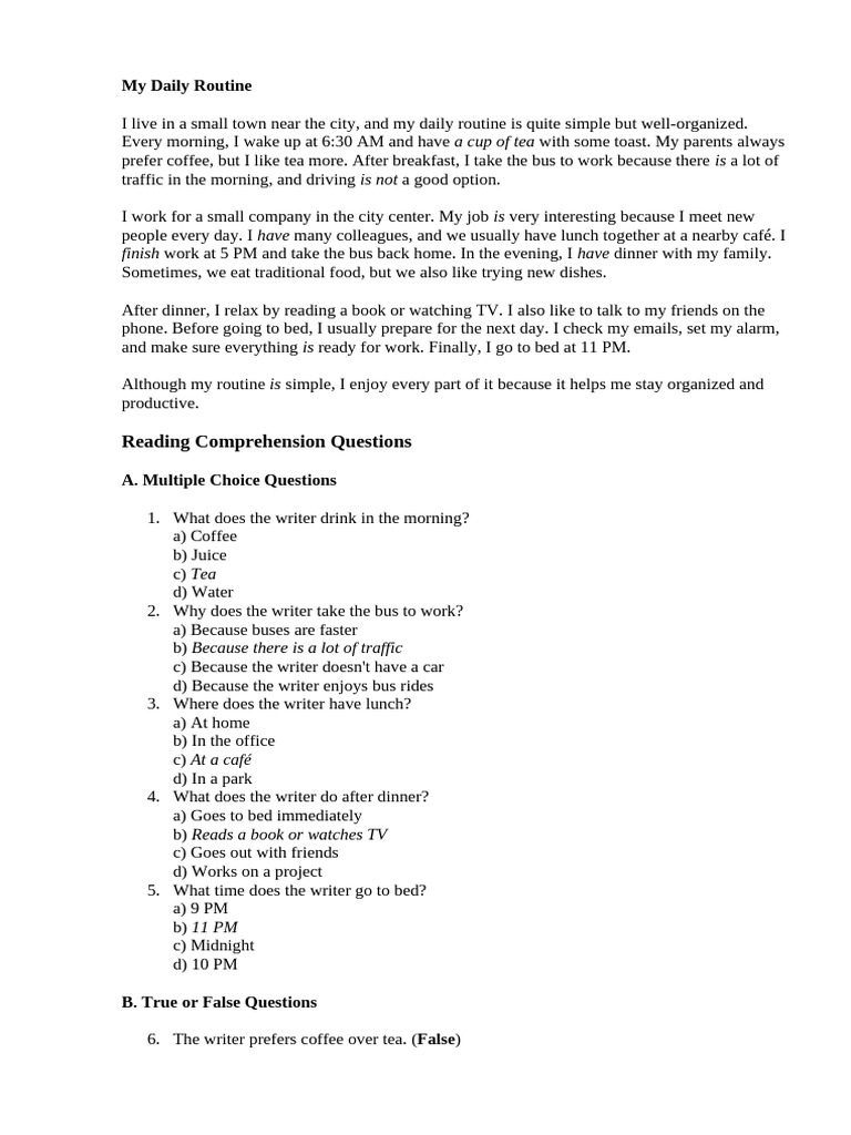 My Daily Routine Reading Questions | PDF