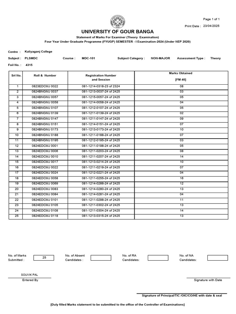 Statement of Marks Theory For Examiner 19 PLSMDC 23-04-2025 13-42 | PDF
