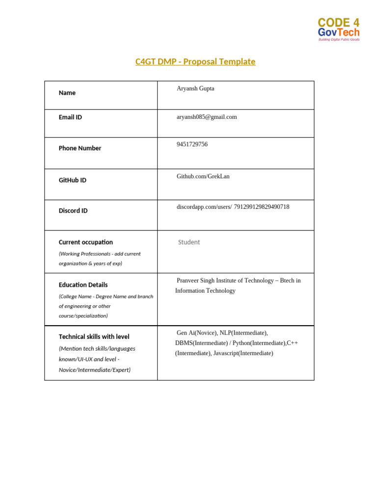 C4GT Community - Proposal Template | PDF | Artificial Intelligence ...