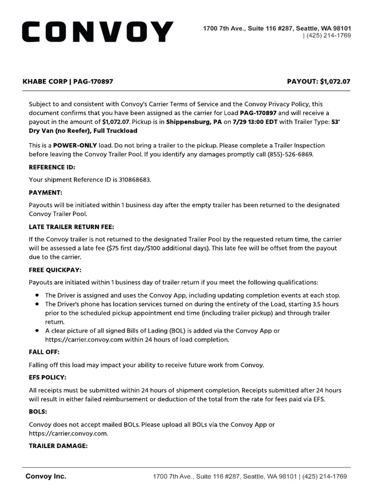 Rate Confirmation Convoy | PDF