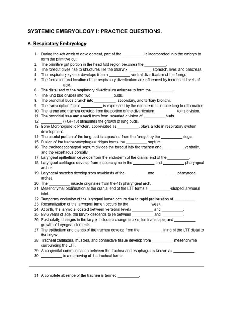 Systemic Embryology I - Practice Questions | PDF | Vein | Lung
