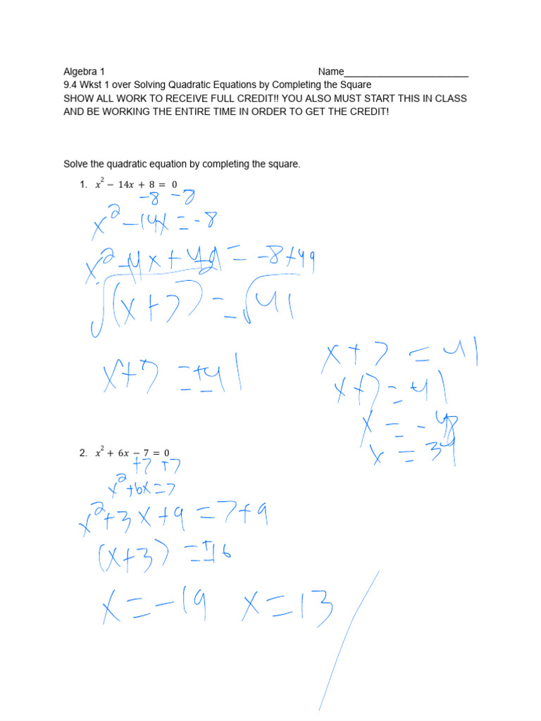 9.4 WKST 1 Over Solving Quadratic Equations by Completing The Square | PDF